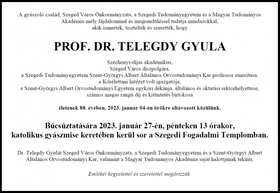 Szegedi Tudományegyetem | Elhunyt Dr. Telegdy Gyula professzor